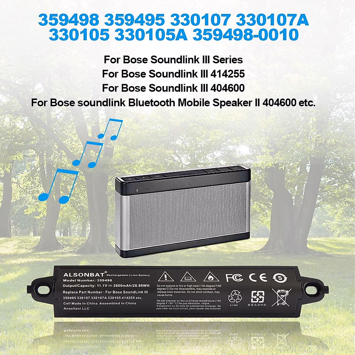 ALSONBAT Replacement Battery for Bose 404600, Soundlink 3/III 359498 33010 330107 330107A 359495 Bose Soundlink Mobile Speaker II, Battery for Bose Soundlink 11.4V 2600mAh/28.86Wh
