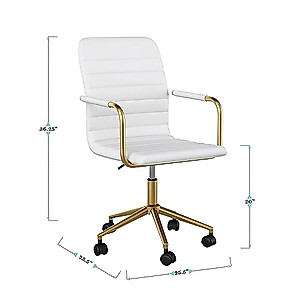 Martha Stewart Taytum Swivel Task Chair with Armrests for Home Office in White Faux Leather with Polished Brass Frame