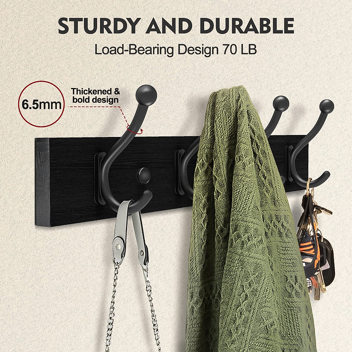 Coat Rack Wall Mount, Wooden Modern Coat Hooks,Entrance Coat Rack with 4 Wall Hooks,Wall Mounted Coat Rack for The Entrance,Living Room, Bedroom,Bathroom (Black)