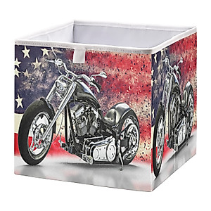 Poeticcity Retro Black Motorcycle with Vintage Old American Flag Background Square Storage Basket Bin, Collapsible Storage Box, Foldable Nursery Baskets Organizer for Toy, Clothes Easy to Assemble