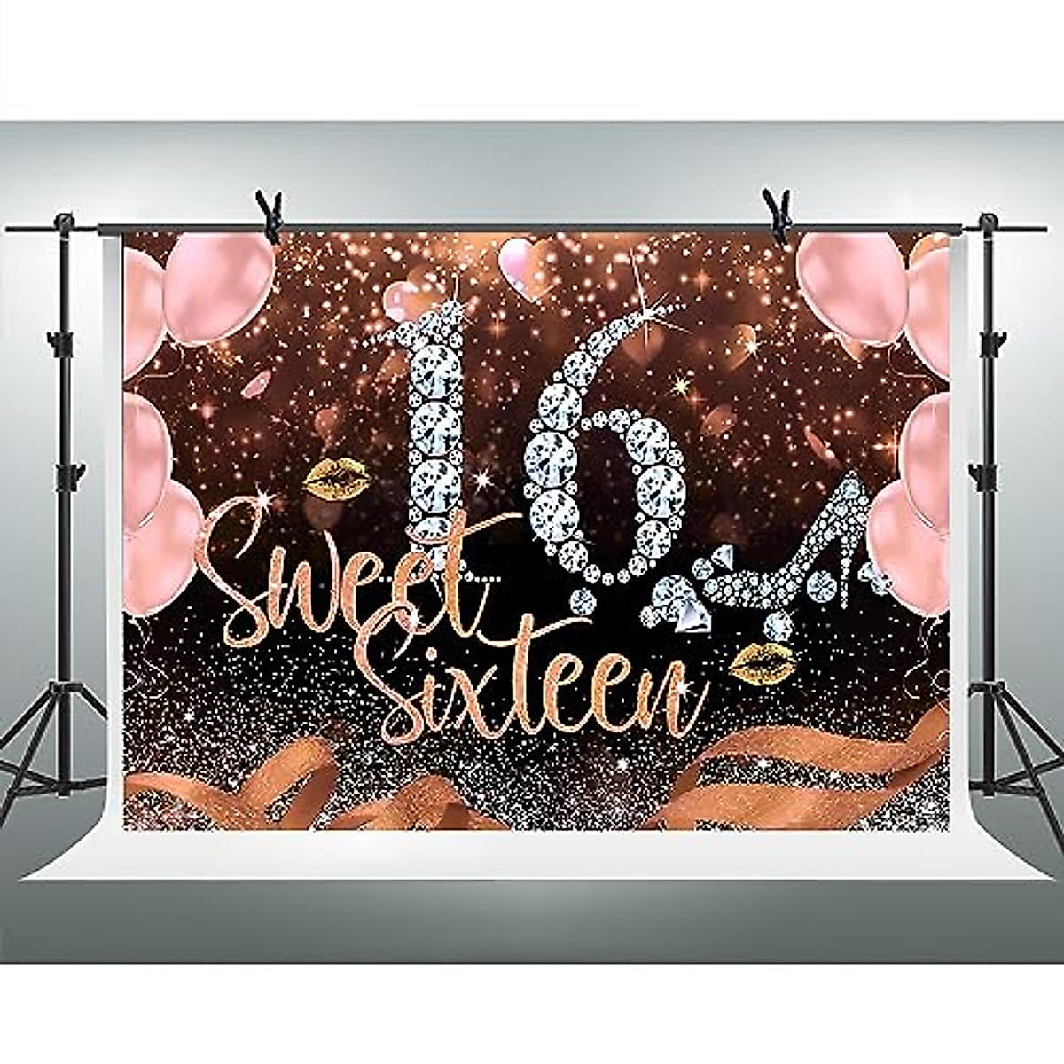 Happy Sweet 16th Birthday Backdrop Balloons High Heel Diamond Banner Backdrop Decorations for Girls Rose Gold Bokeh Sweet 16 Party Supplies Sweet Sixteen Birthday Background Photo Booth Props