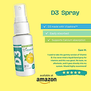 Vegan Life Nutrition - Vitamin D3 Spray for Adults (400 IU) - 50% RDV - Orange-Flavored, Gluten-Free, Non-GMO, Supports Bone Health and Immune System - 0.65 Fl Ounce