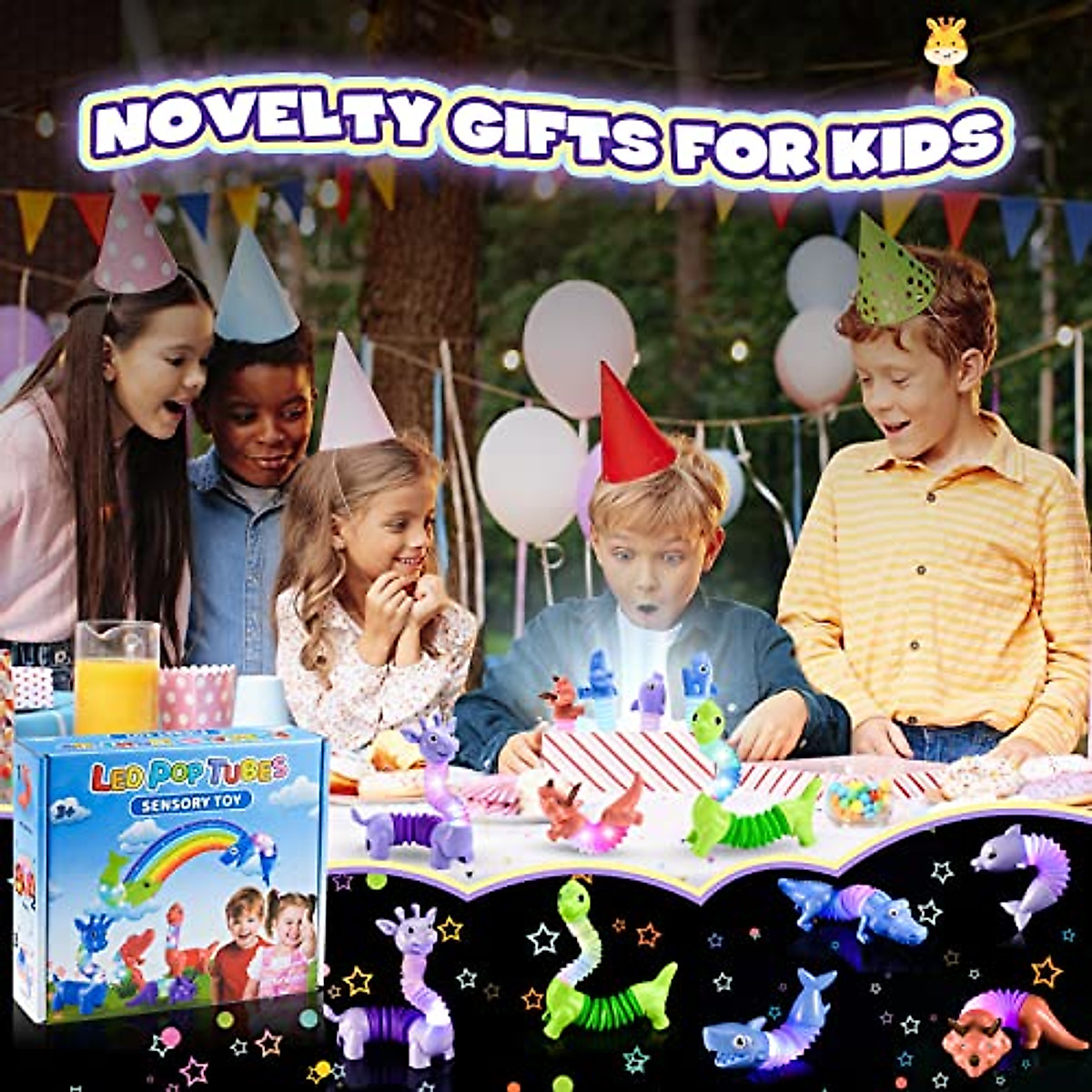 Animals Fidget Toys for Toddlers: 6 Pack LED Animal Pop Tubes for Kids 2 3 4 5 6 Year Old Girls Boys Gifts New Autism Sensory Toy for Toddler Age 3-5 Tube Set Light Up Party Favors Girl Boy Gift