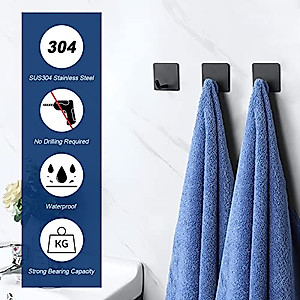 NearMoon Adhesive Hooks- Heavy Duty Bathroom Wall Hooks Waterproof Stainless Steel Towel Hangers Stick on Wall Clothes Holders for Bathroom Kitchen Home, 5 Pack (Matte Black)
