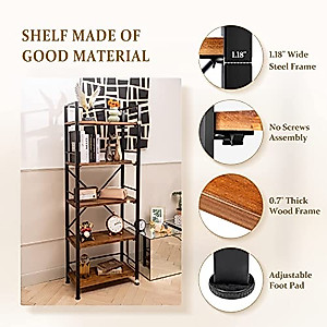 Crofy Rustic Bookshelf, 5 Tier Real Wood Bookshelf, Metal Book Shelf for Storage, Black Bookcase, 12.6" D x 23.62" W x 64.17" H