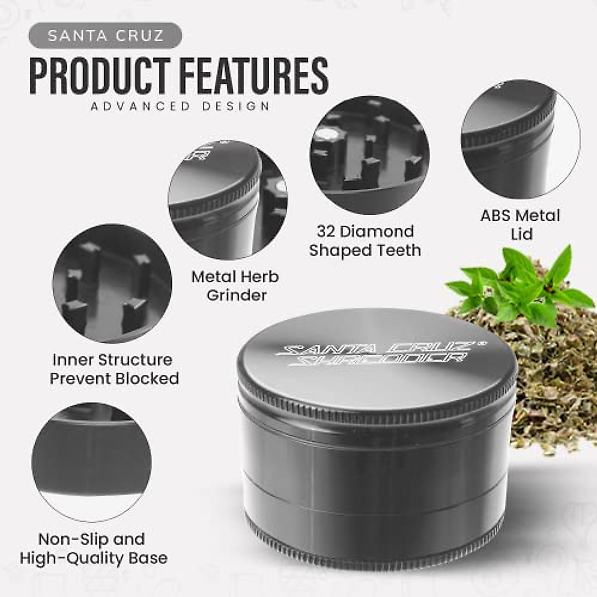 Santa Cruz Shredder Metal Herb Grinder Knurled Top for Stronger Grip 3-Piece Large 2.7" (Grey)