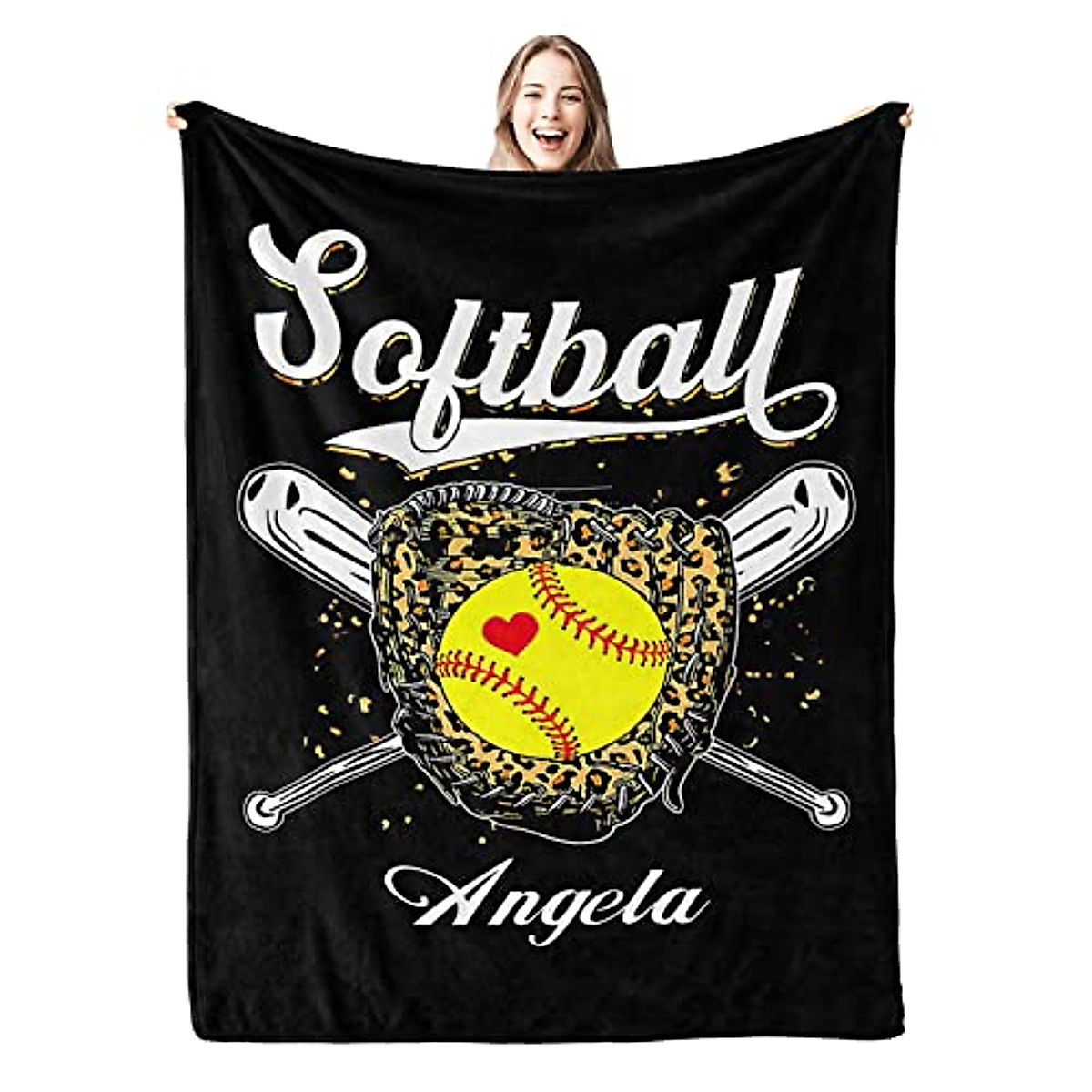 Softball Personalized Name Soft Fleece Bed Blankets Throws as Birthday Wedding Gifts for Sofa Couch 50'' x 60''