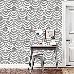 Yun-aeon Modern Silver Leaf Peel and Stick Wallpaper Contact Paper 17.7“ X 120“ Geometric Silver Boho Print Wallpaper Peel and Stick Self Adhesive Wallpaper Removable Wallpaper