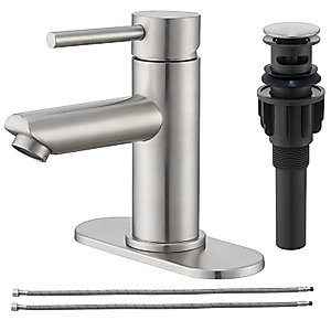 KPWATER Bathroom Faucets with Pop Up Drain, Stainless Steel Single Handle Bathroom Sink Faucets with Water Faucet Supply Lines for Bathroom Farmhouse RV Vanity(Brushed Nickel)