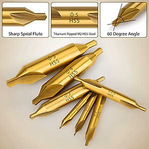 SUNJOYCO 7PCS Center Drill Bits Set, High Speed Steel 60-Degree Angle Countersink Tools for Lathe Metalworking Size 1.0 1.5 2.0 2.5 3.0 4.0 5.0, Gold