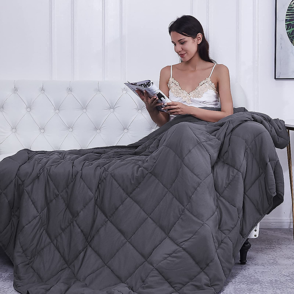 Weighted Blanket (Dark Grey,48"x72"-15lbs) Cooling Breathable Heavy Blanket Microfiber Material with Glass Beads Big Blanket for Adult All-Season Summer Fall Winter Soft Thick Comfort Blanket