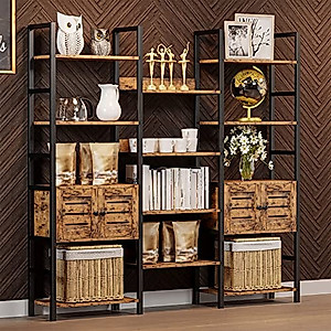 IRONCK Industrial Bookshelf and Bookcase with 2 Louvered Doors 5 Tiers Triple Wide Display Shelf with Storage Cabinet for Living Room Home Office