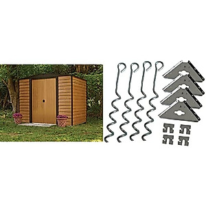 Arrow Shed WR86 Arrow Woodridge Low Gable Steel, Coffee/Woodgrain 8 x 6 ft. Storage Shed & AK600 Earth Anchor Kit, Steel-Stainless