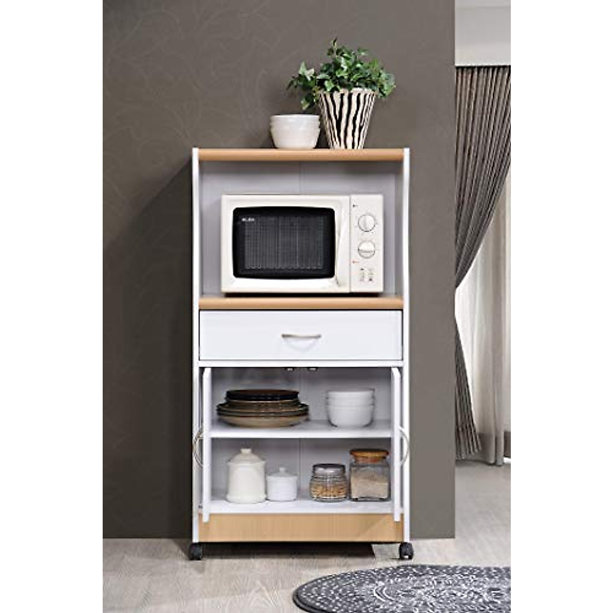 HODEDAH IMPORT Microwave Cart with One Drawer, Two Doors, and Shelf for Storage, White