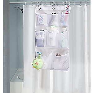 KIMBORA Mesh Shower Organizer Hanging Bathroom Caddy 8 Pockets Hang Curtain Rod with 3 Rings