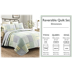 Cozy Line Home Fashions Green Yellow Blue Plaid Striped Real Patchwork 100% Cotton, Reversible Coverlet, Bedspread, Quilt Bedding Set (Green Patchwork, Twin - 2 Piece)