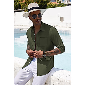 COOFANDY Men's Linen Shirt Textured Designer Western Work Regular Fit Shirt Army Green