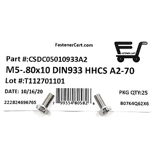 M5-.80 X 10 Hex Head Cap Screw Hex Bolts DIN933 (M5x10) Full Thread A2-70 Stainless Steel (25 Pieces)