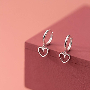 Hollow Dangle Heart Love Small Hoop Cuff Earrings for Women Dainty Sterling Silver Huggie Hinged Cute Cartilage Hypoallergenic Dangling Little Hoops Gifts for Her Bff Daughter Birthday 9mm (silver)