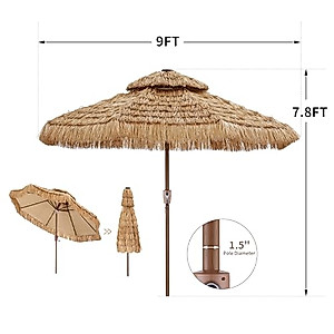 PUPZO 9 ft - Patio Umbrella, Tiki Thatched Outdoor Umbrella with Hawaiian Style Beach Umbrella with Center Light