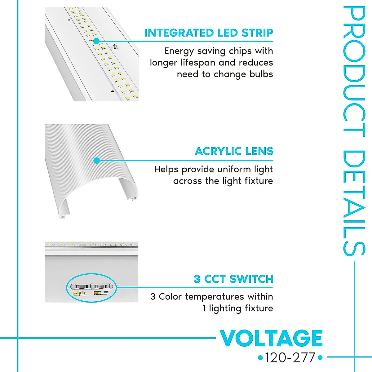 LUXRITE 4FT LED Strip Light Fixture, 34W/38W/45W Adjustable, Up to 5940 Lumens, 3 Color Selectable 3500K-5000K, Linear Shop Light, 0-10V Dimmable, Damp Rated, UL Listed - Garage, Workshop