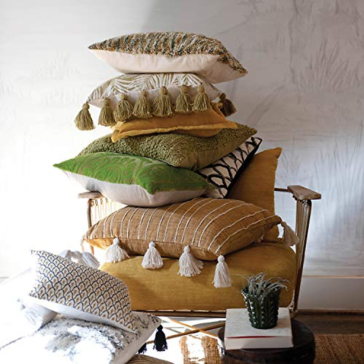 Creative Co-Op Cotton Velvet Lumbar Embroidery, Green Pillow