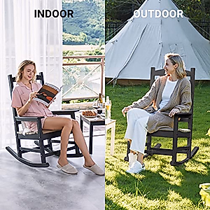 OTSUN Outdoor Rocking Chair, Patio Rocker Chair with High Back, All Weather Resistant Fade-Resistant Front Porch Rocking Chair, Stable Smooth Wood Rocker for Balcony, Yard (Black & Brown)