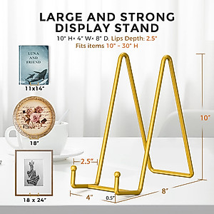 TR-LIFE 10 Inch Large Plate Stands/Holder for Display - Metal Picture Frame Holder Stand + Small Easels for Decorative Plate, Platter, Book, Plaques, Photo, Tabletop Art (Gold 2 Pack)