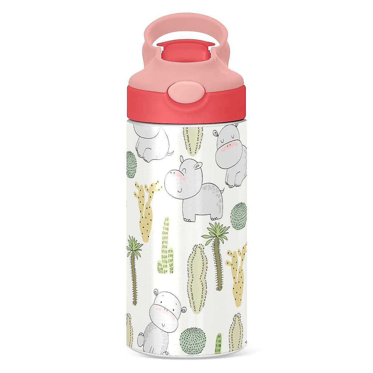 ALAZA Cute Cactus Hippo Kids Water Bottles with Lids Straw Insulated Stainless Steel Water Bottles Double Walled Leakproof Tumbler Travel Cup for Girls Boys Toddlers 12 oz / 350 ml,Pink