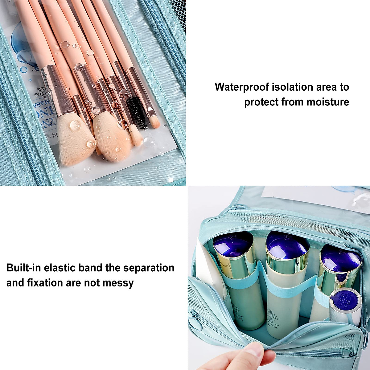 SRVR Toiletry Bag for Women Hanging Toiletry Bag Water Resistant，Cosmetic Makeup Travel Organizer with Hanging Hook (Light Blue)