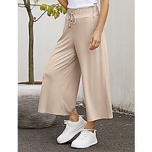 GlorySunshine Womens Linen Wide Leg Pants Elastic Waist Solid Palazzo Casual Loose Drawstring Trousers with Pockets New-Apricot L