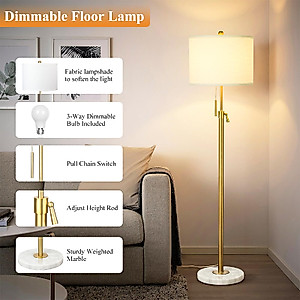 Modern Floor Lamp for Living Room, Adjustable Height Standing Lamp with Marble Base, 3-Way Dimmable Gold Tall Pole Light with White Linen Shade for Reading Bedroom, Pull Chain Switch, Bulb Included