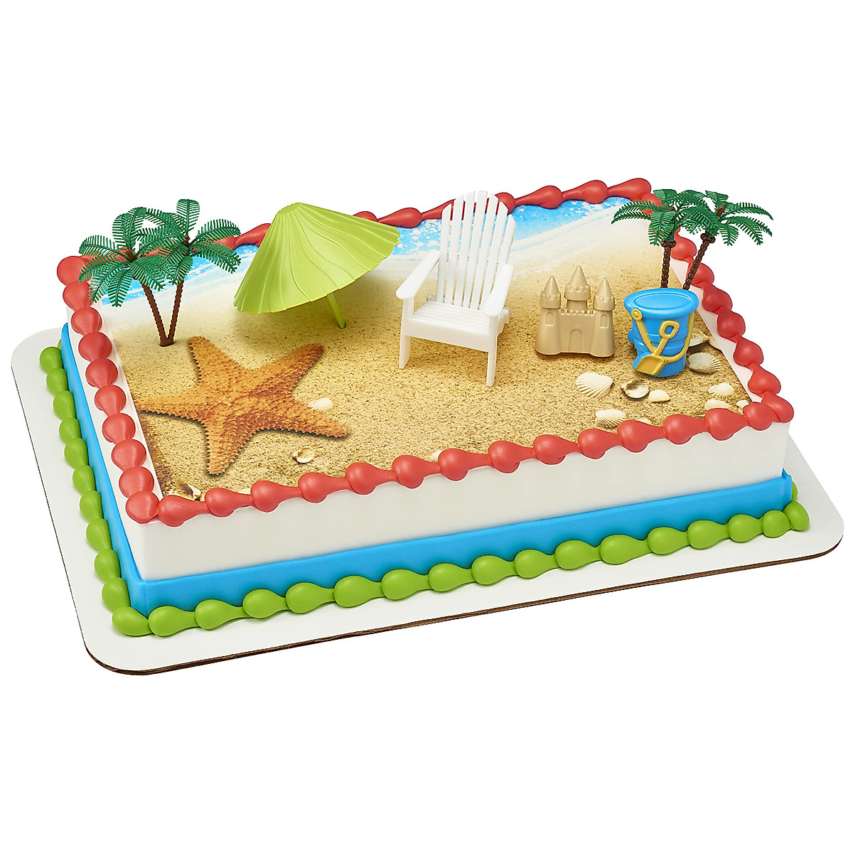 DecoSet® Beach Chair and Umbrella Tropical Beach Cake Decoration, 6 Piece Cake Topper Set, Palm Trees, Deck Chair, Beach Umbrella, Sand Castle and Bucket, Food Safe,