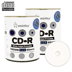 Smart Buy CD-R 200 Pack 700mb 52x Printable White Inkjet Blank Recordable Discs, 200 Disc, 200pk