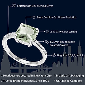 Gem Stone King 2.17 Cttw Green Prasiolite Engagement Ring For Women In 925 Sterling Silver | Cushion Cut 8MM | Gemstone Birthstone | Available in Size 5, 6, 7, 8, 9