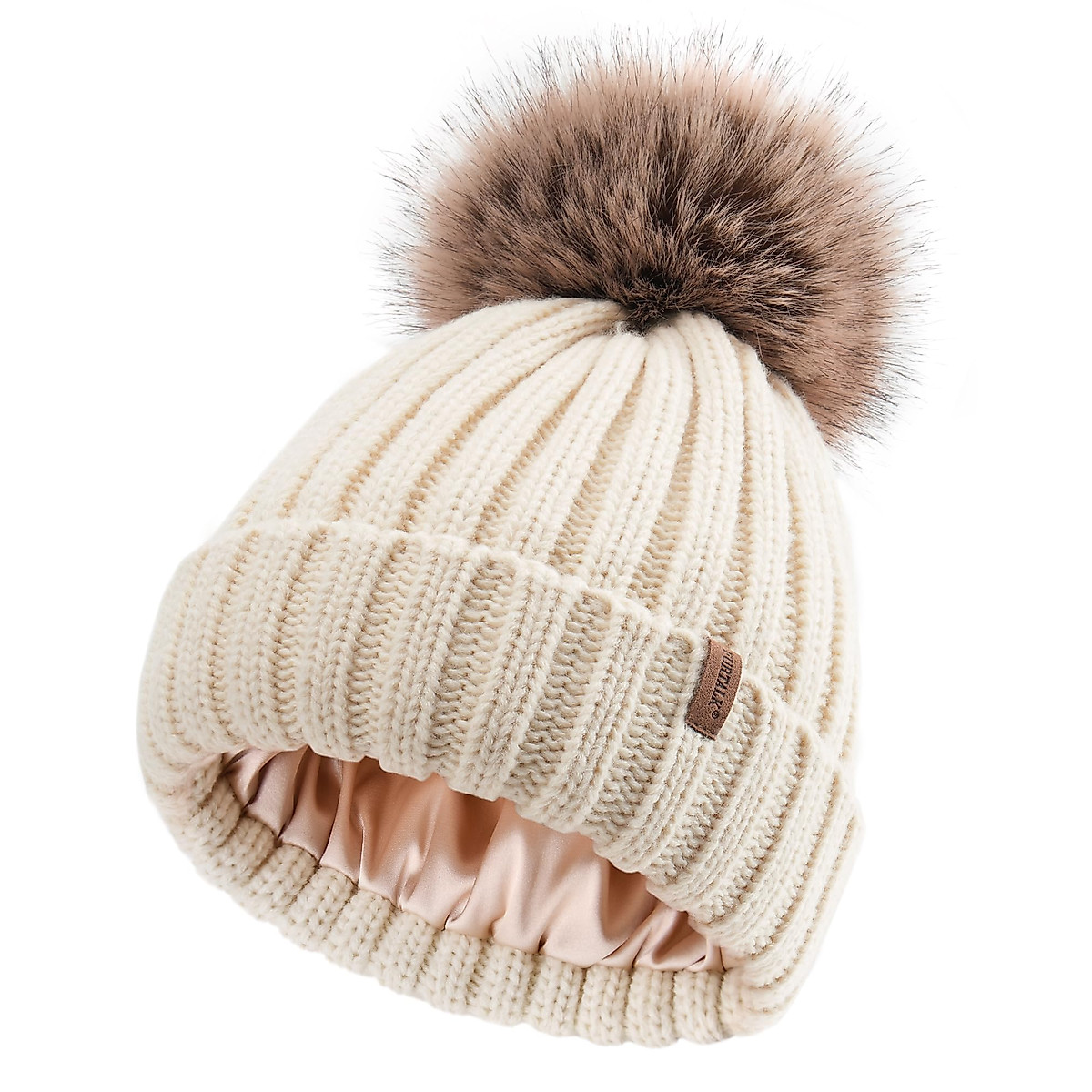 FURTALK Toddler Beanie Satin Lined Baby Boys Girls Winter Hats Pom Pom Beanies for Kids Beige