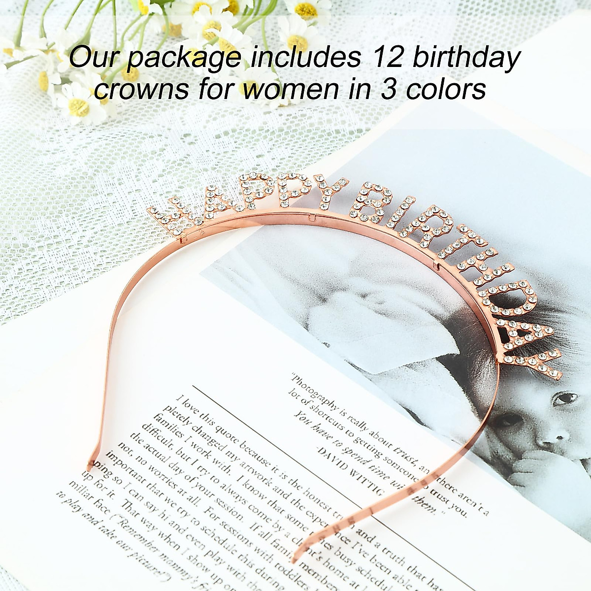 Lyrow 12 Pcs Birthday Headbands Birthday Crowns for Women Happy Birthday Tiara Princess Birthday Party Decorations Rhinestone Bling Birthday Accessories for Party Supplies Gift