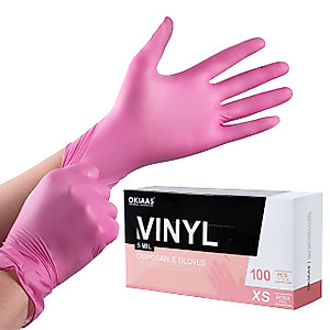 OKIAAS Black/Pink Vinyl Gloves Disposable Latex Free, Food Safe, Powder Free, 5 Mil Thickened for Cooking, Cleaning, Food Prep, Baking, Hair Dye, Tattoo, Medium, 100 Count