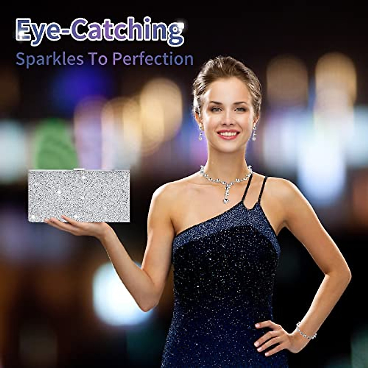4 Pieces Women Rhinestone Evening Clutch Bag Rhinestone Ear Clip Bridal Wedding Choker Bracelet Dangle Prom Jewelry Set for Women Silver Evening Bag Bling Glitter Purse for Girls Party (Elegant Style)