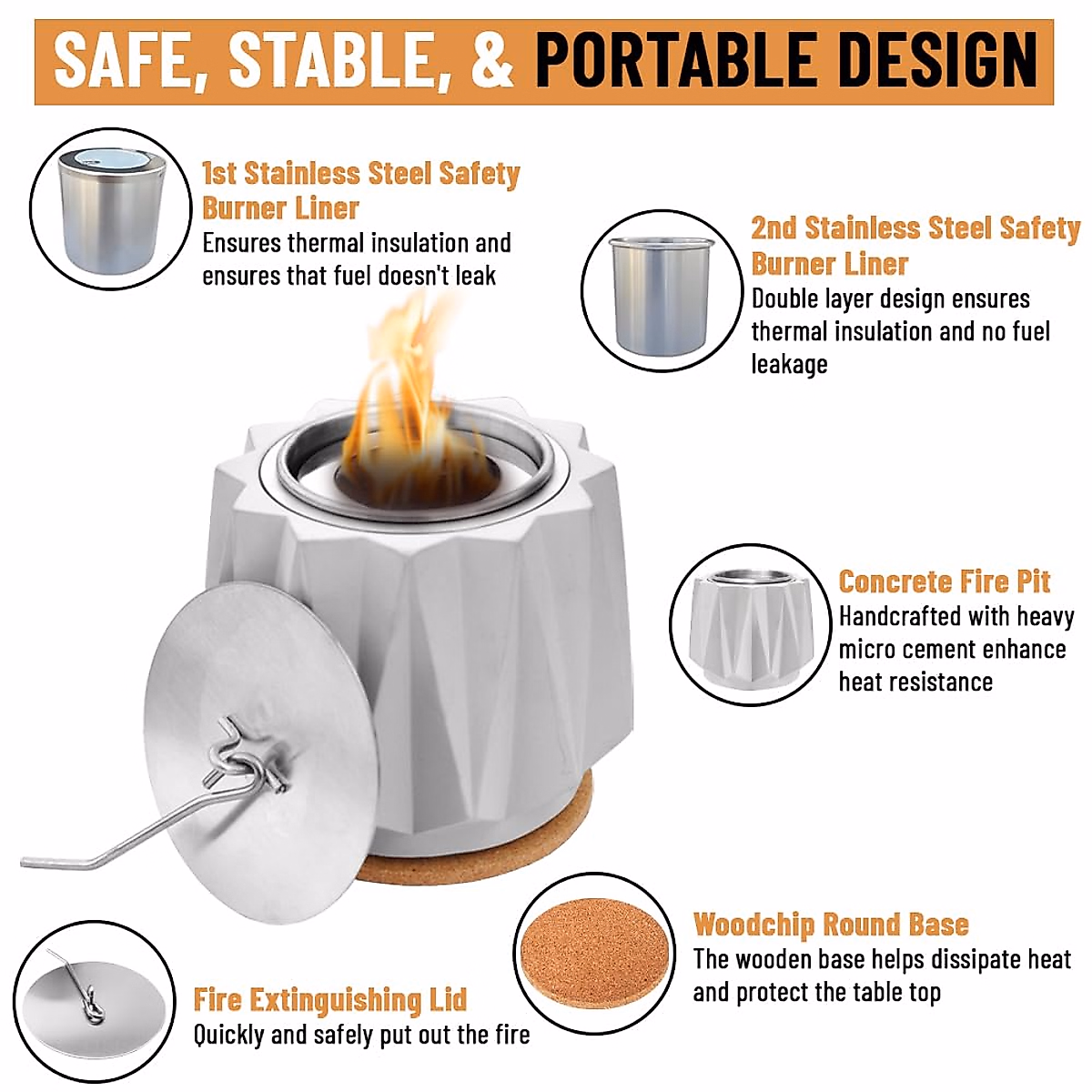 Decofuge Concrete Tabletop Fire Pit Bowl - Outdoor & Indoor Smores Maker, Patio Table Firepit, Portable Mini Firepit, Table Top Firepit & Smores Fire Pit, Perfect Patio Decor