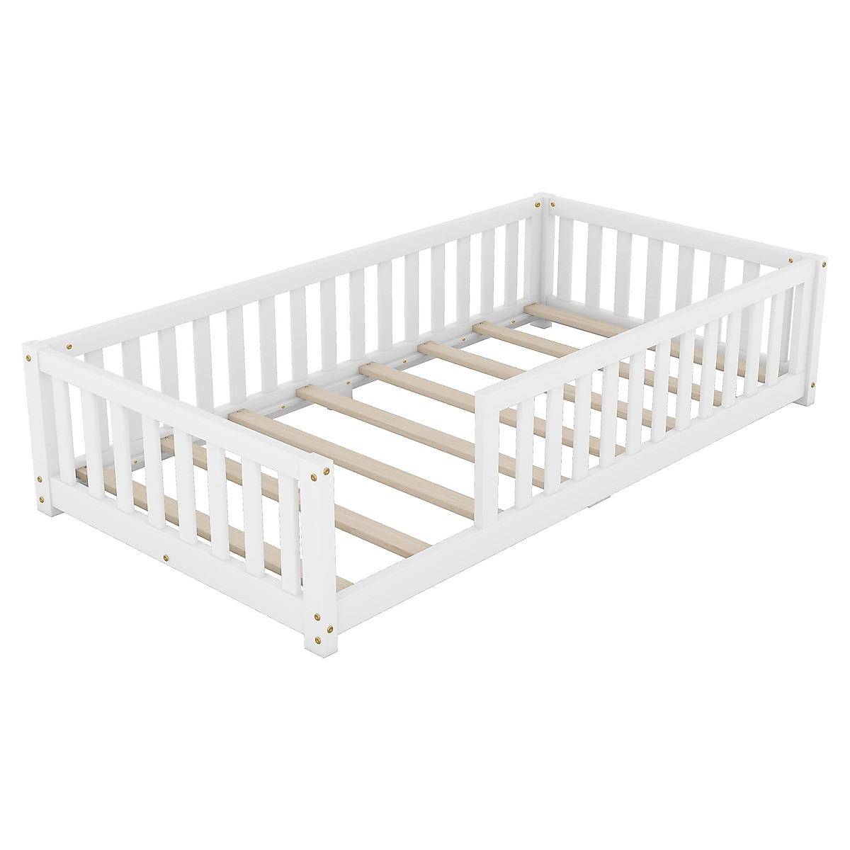 Bellemave Twin Size Floor Bed for Kids, Wood Montessori Bed with Slats, Safety Fence & Door, Playhouse Floor Bed Frame with Rails for Girls Boys Children Teens, White