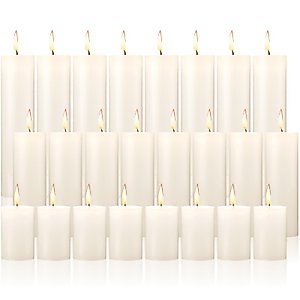 Nuogo 24 Pcs Ivory Pillar Candles Bulk Set of 3 Long Burning Wax Pillar Candles 2 in x 3, 6, 8 Inch Dripless Unscented Smokeless Candles for Wedding Party Spa Lantern Fireplace Home
