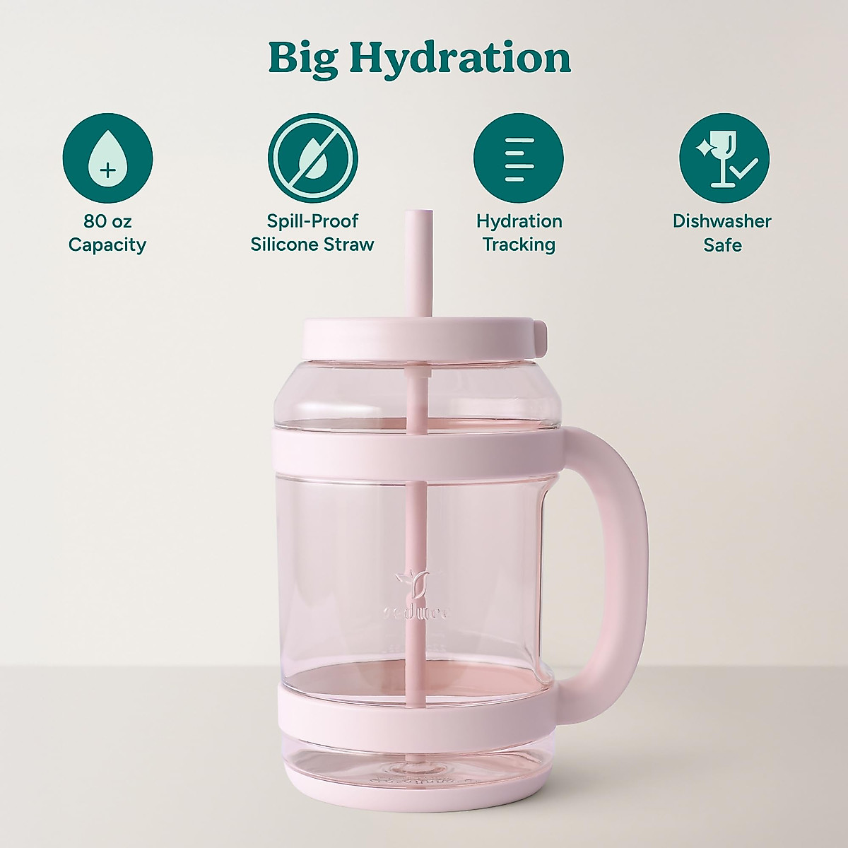 Reduce WaterDay 80 oz Water Jug with Time/Ounce Markings - Spill-Proof Straw, Durable Tritan - Big Water Bottle for Daily Hydration - Dishwasher Safe, Clear & Easy to Clean, Pink Quartz