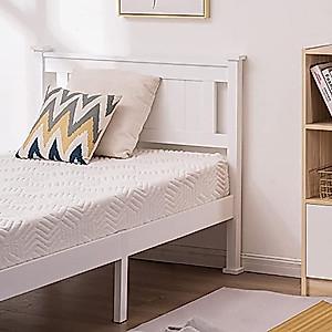 Bonnlo White Twin Bed Frame with Headboard,Modern Wood Bed Single Bed for Adults, No Box Spring Needed Panel Bed, Wood Slat Support Mattress Foundation