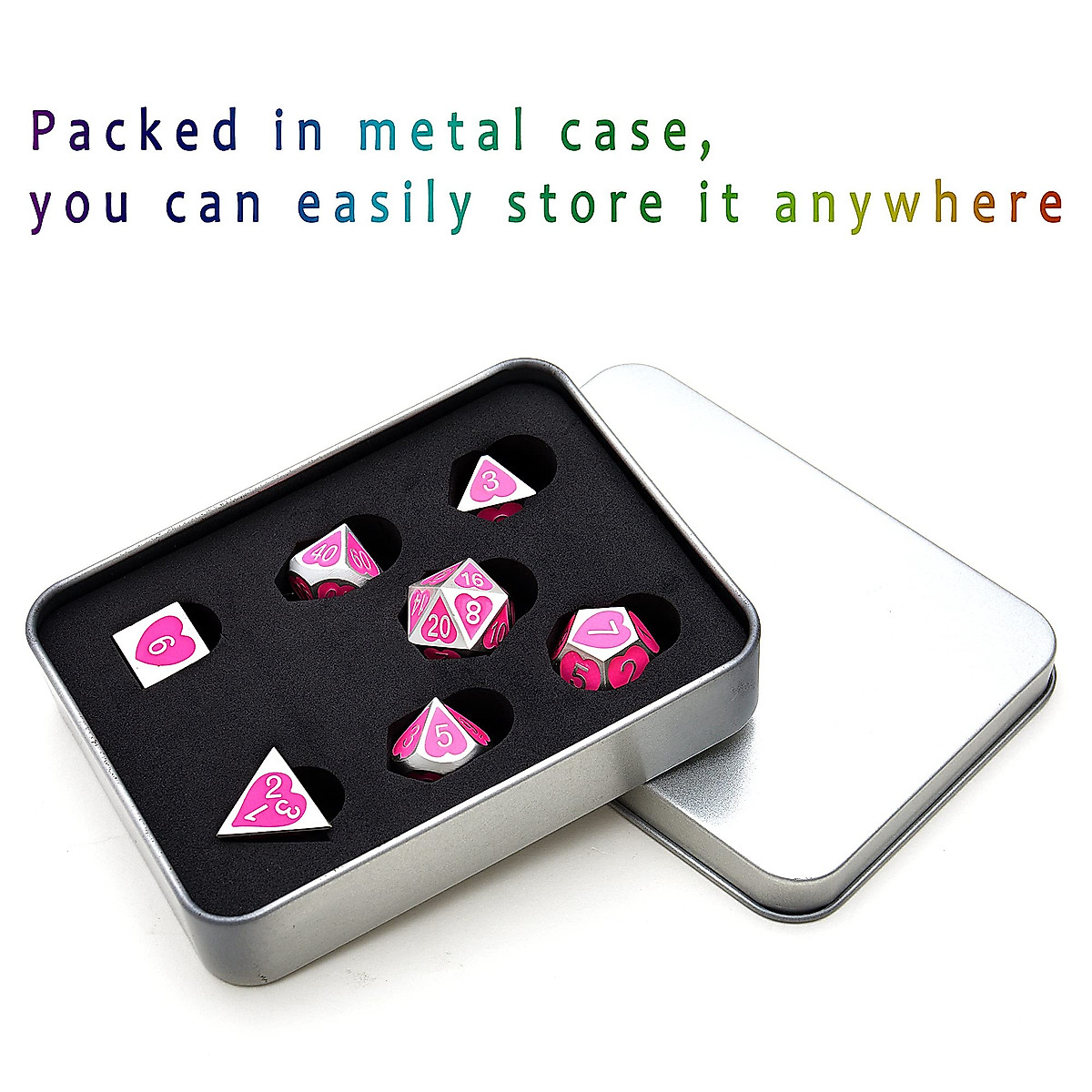 DND Metal dice Set, Heart-Shaped Pink Polyhedron 7-Piece Set, Suitable for Dungeon and Dragon RPG MTG or Board Game D &D Pathfinder, etc.