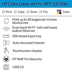 HP Color Laserjet Pro MFP 3301fdw Wireless All-in-One Color Laser Printer, Office Printer, Scanner, Copier, Fax, ADF, Duplex, Best-for-Office (499Q5F)