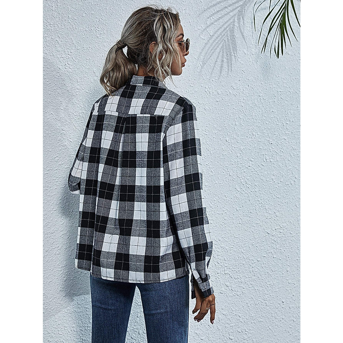 Floerns Women's Casual Long Sleeve Button Down Plaid Shirt Blouse Top Black and White M