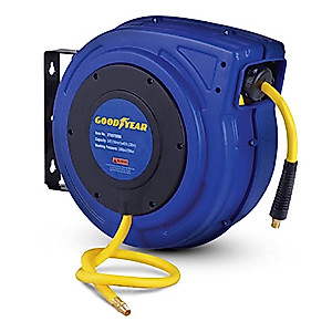 Goodyear Air Hose Reel Retractable 3/8" Inch x 65' Feet Premium Commercial Flex Hybrid Polymer Hose Max 300 Psi Heavy Duty Spring Driven Polypropylene Construction w/Lead-in Hose and PVC Handle