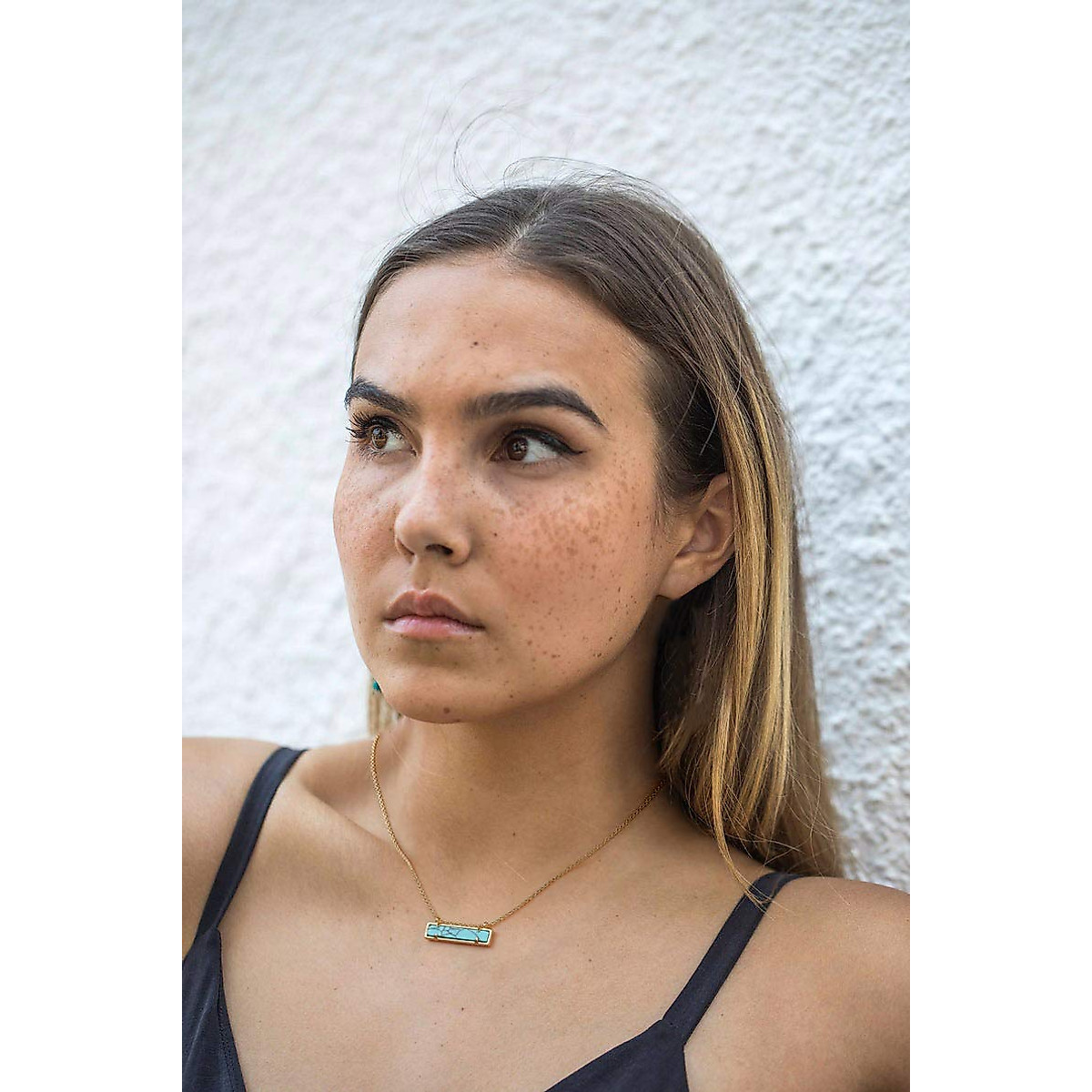 SOFYBJA Adjustable Turquoise Howlite Bar 18K Gold Chain Bohemian Necklace for Women Horizontal Bar Delicate Gemstone Pendant Minimalist Boho Jewelry