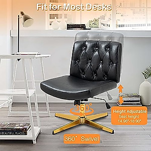 HomVent Armless Office Desk Chair No Wheels, PU Leather Tufted Padded Cute Desk Chair, Modern Ergonomic Computer Desk Chair w/Gold Cross Base,Adjustable Swivel Desk Chair for Makeup Vanity Study Black